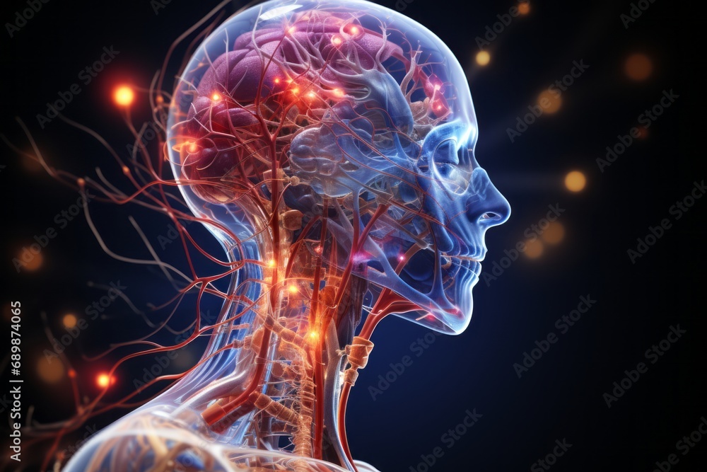 3D illustration of transparent human skull and colorful image human ...