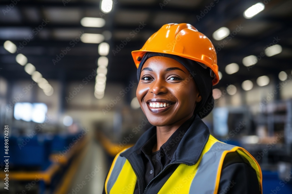 Portrait of a modern black female engineer in a hard hat, standing with ...