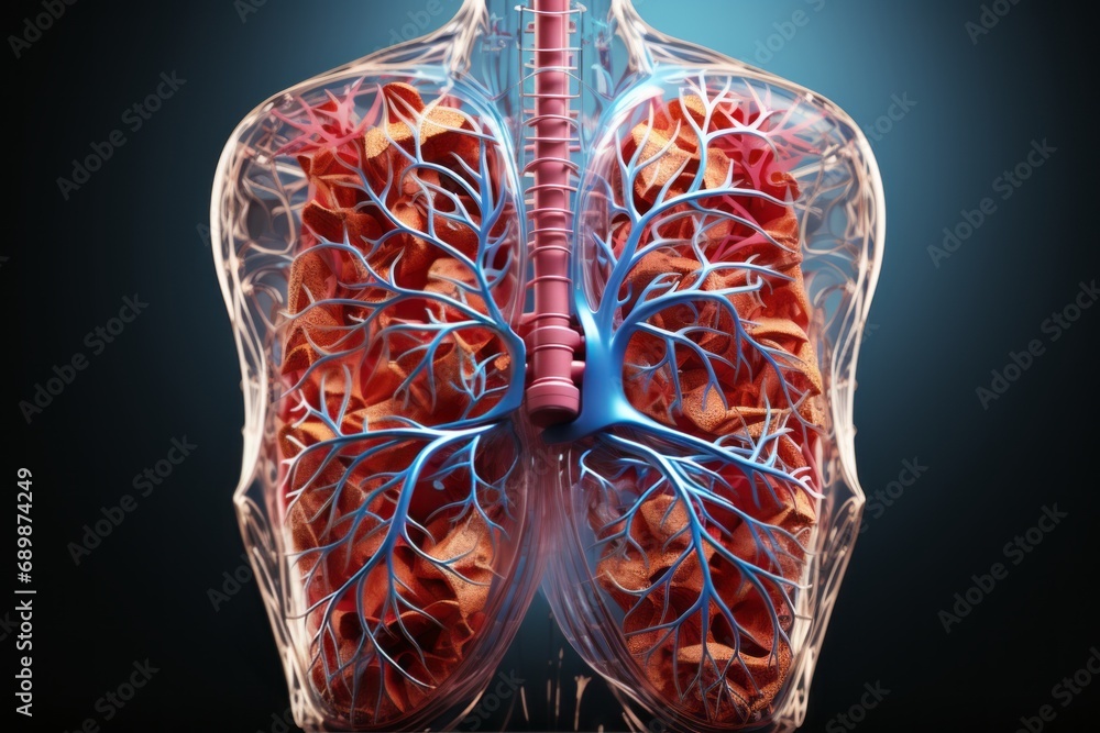 3D colorful illustration of human lungs on dark blue background. Human ...
