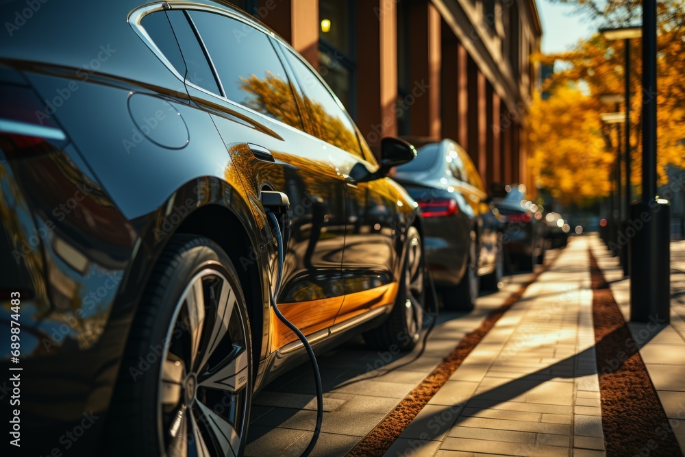 charging an electric car at a power plant in the city center. Beautiful ...