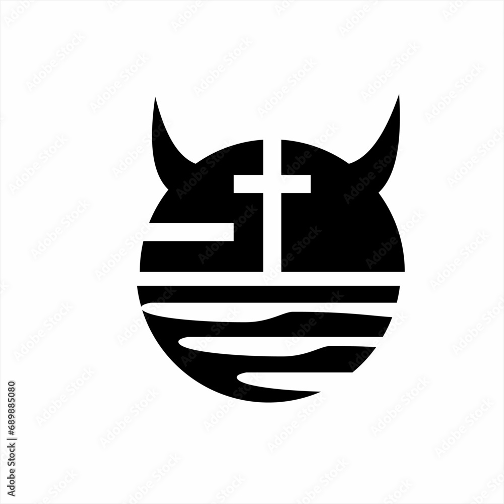 Logo design illustration of a devil symbol and a cross in negative ...