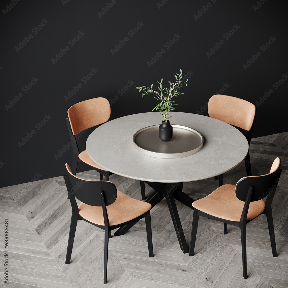 Warm peach fuzz 2024 color trend dining room trend. Black wall ...