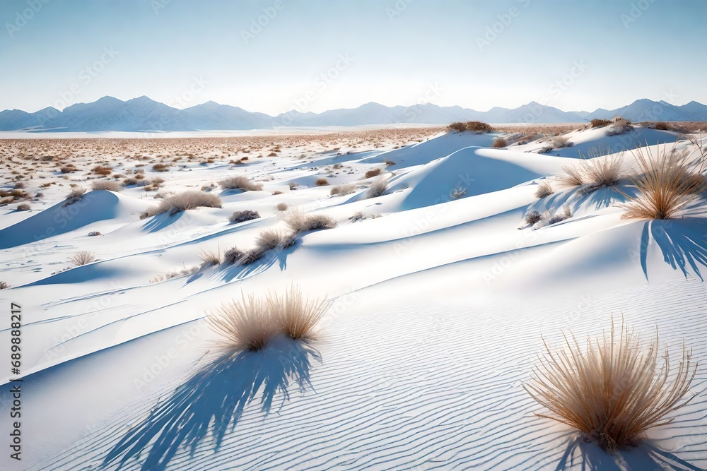 Generate a serene snowy desert landscape, with dunes and sparse ...