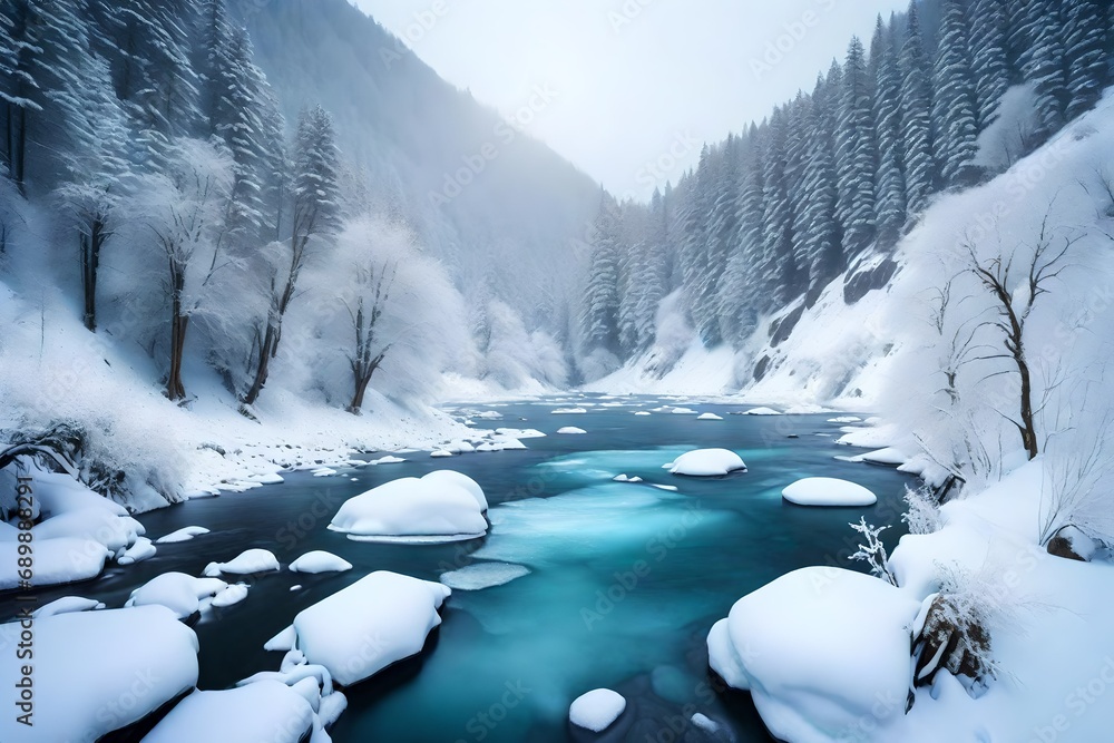 Generate a picturesque snowy gorge, with icy cliffs and a frozen river ...
