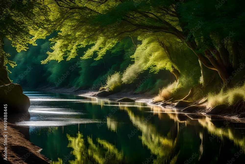 Capture the tranquility of a secluded riverbank with overhanging trees ...