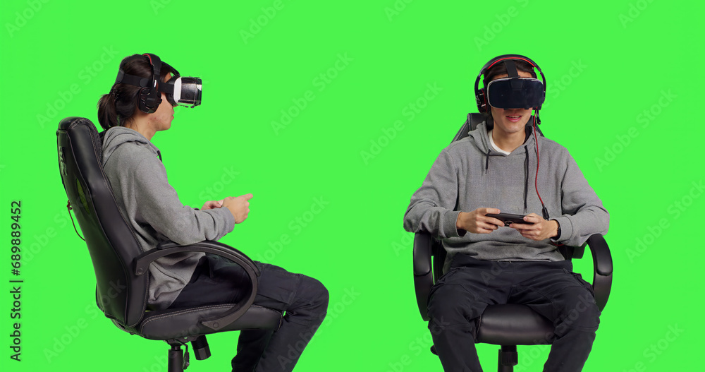 Person plays videogames with vr glasses and phone, participating in ...