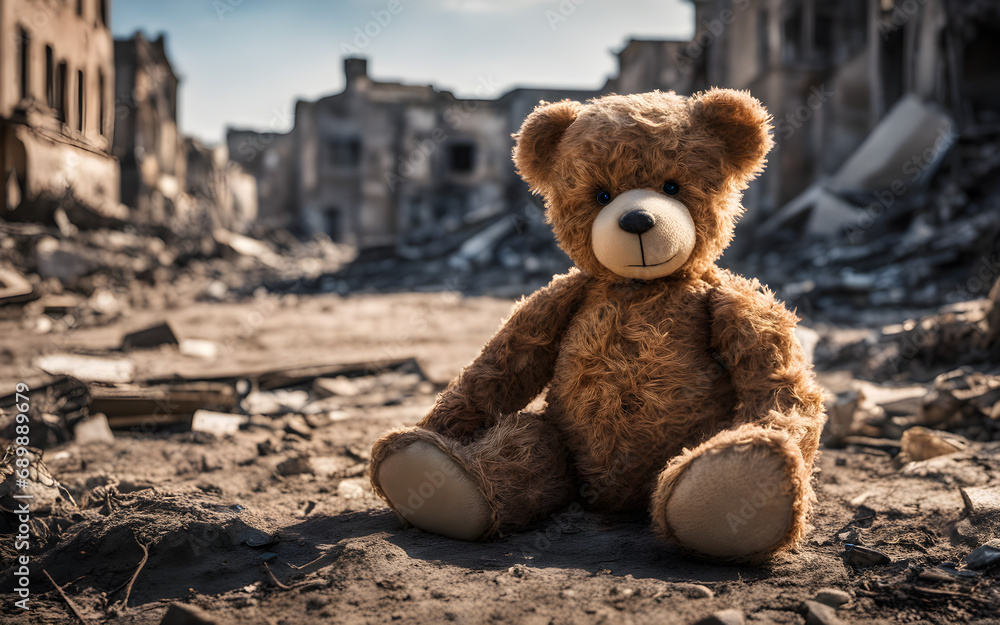 Kids teddy bear toy in a city burned by destruction of an aftermath war ...