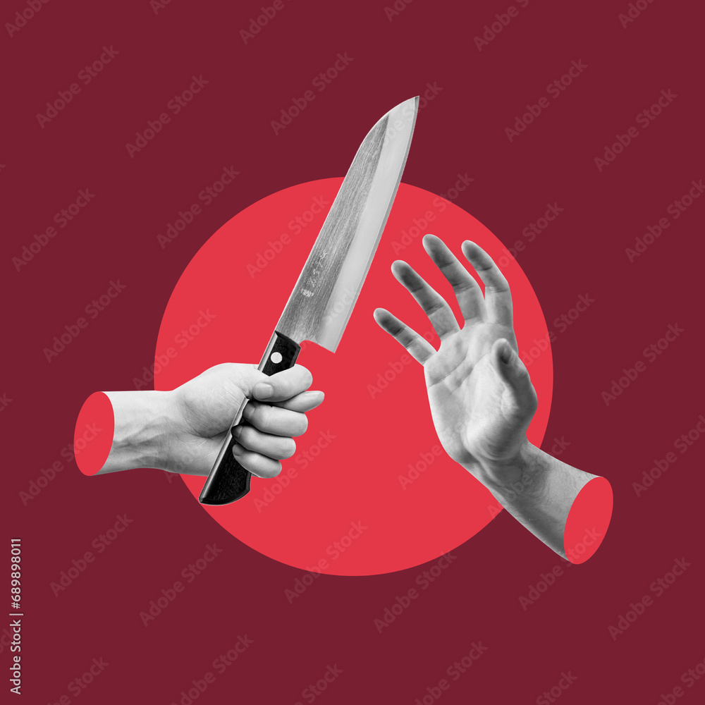 Stabbing with a knife, attacking, hand with knife, scared person, crime ...