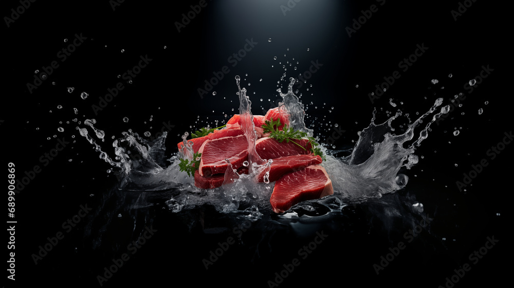 Banner with Fresh meat dropping in the water with splashes on black ...