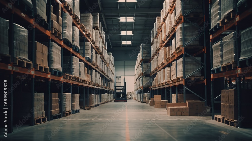 Retail warehouse full of shelves with goods in cartons, with pallets ...