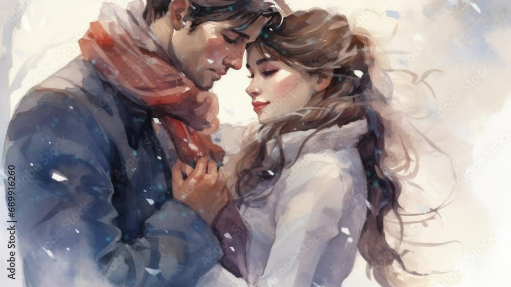 Winter, snow, love, man and woman a watercolor painting of a man and a ...