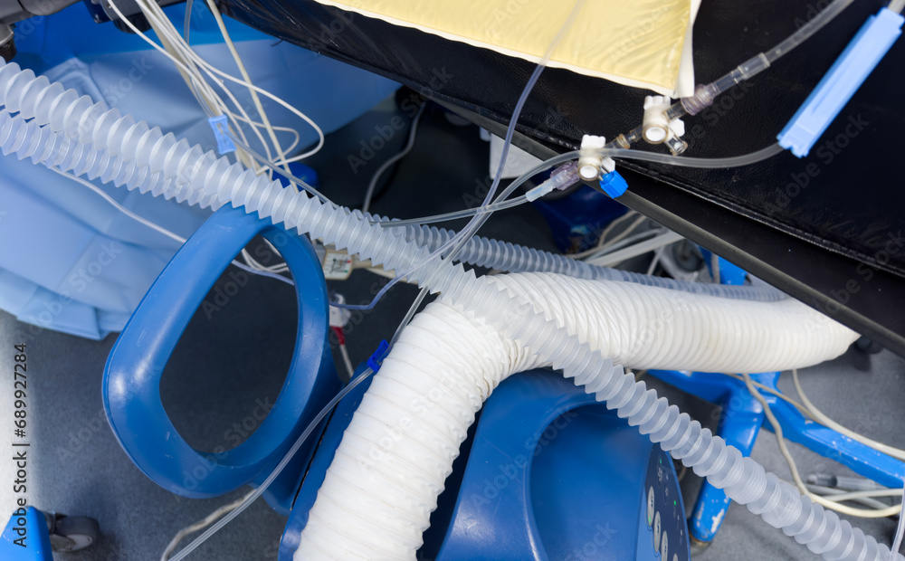 Modern hospital anesthesia machine with intricate ventilation tubing ...