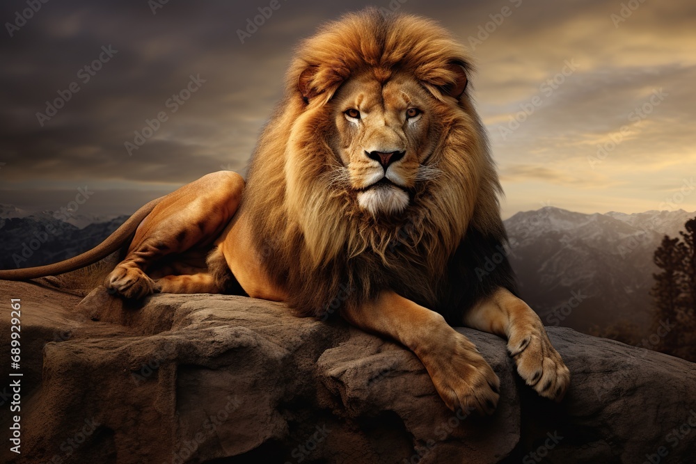 Single lion standing proudly on a small hill. Lion of Judah, exuding ...