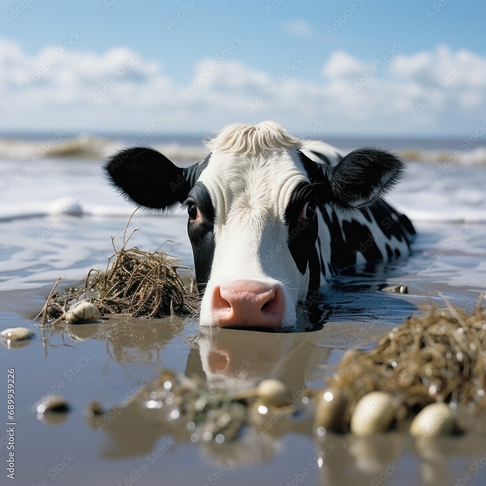 Cow Image Drinking Water in Beach, Beautiful Black and White Cow ...