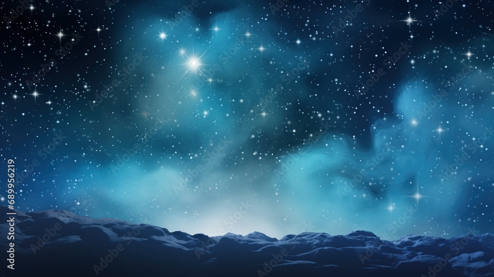 A mystical starry night sky over a snowy landscape, where the swirling ...