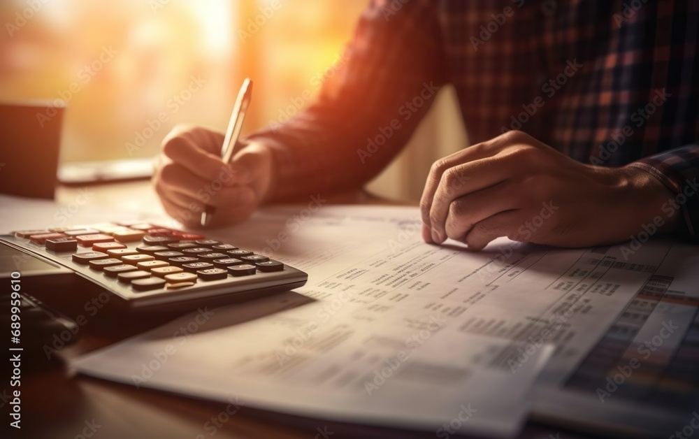 Tax day poster. Man sitting at wooden office table, holding a pen ...