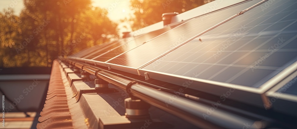 Renewable sun energy panels on house roof, solar hot water system with ...