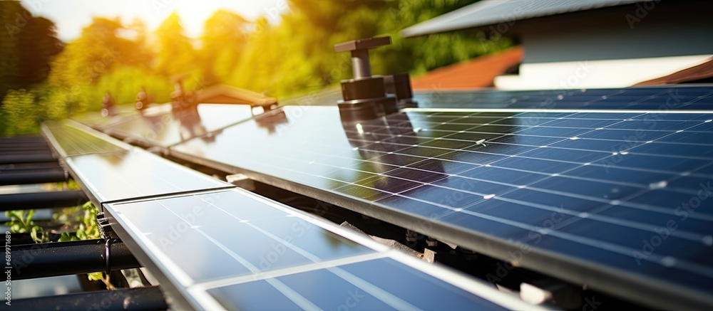 Solar water panels are installed on roofs for an energy-efficient hot ...