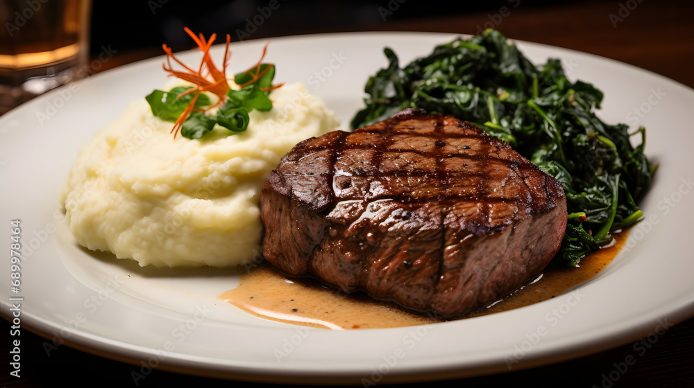 Tender filet served with garlic mashed potatoes and sautéed spinach ...