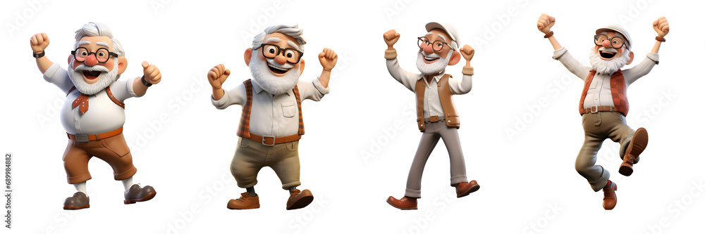 Set of 3D cartoon character cute elderly old man dancing happy ...