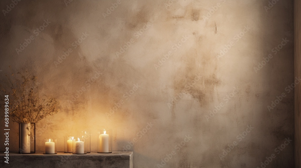 Soft candlelight enhances the texture of the plain wall, creating a ...