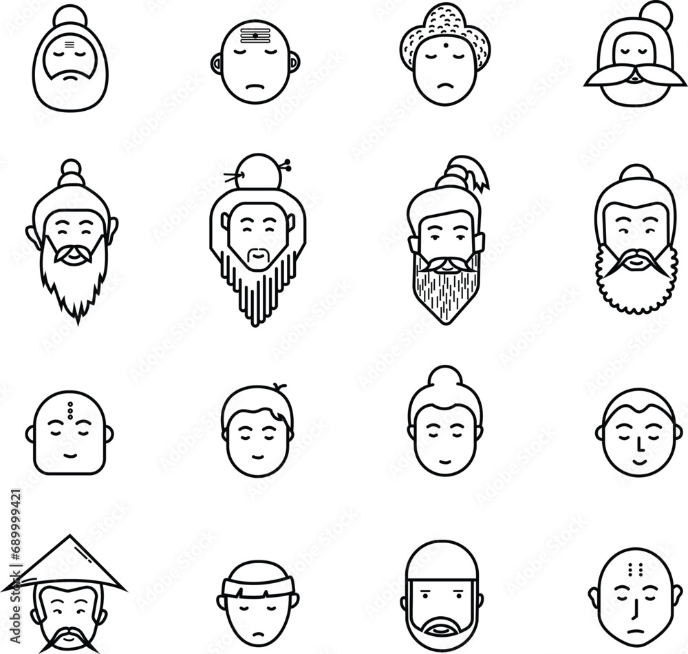Set of Monk Faces Icons with editable stroke. Holy persons of various ...