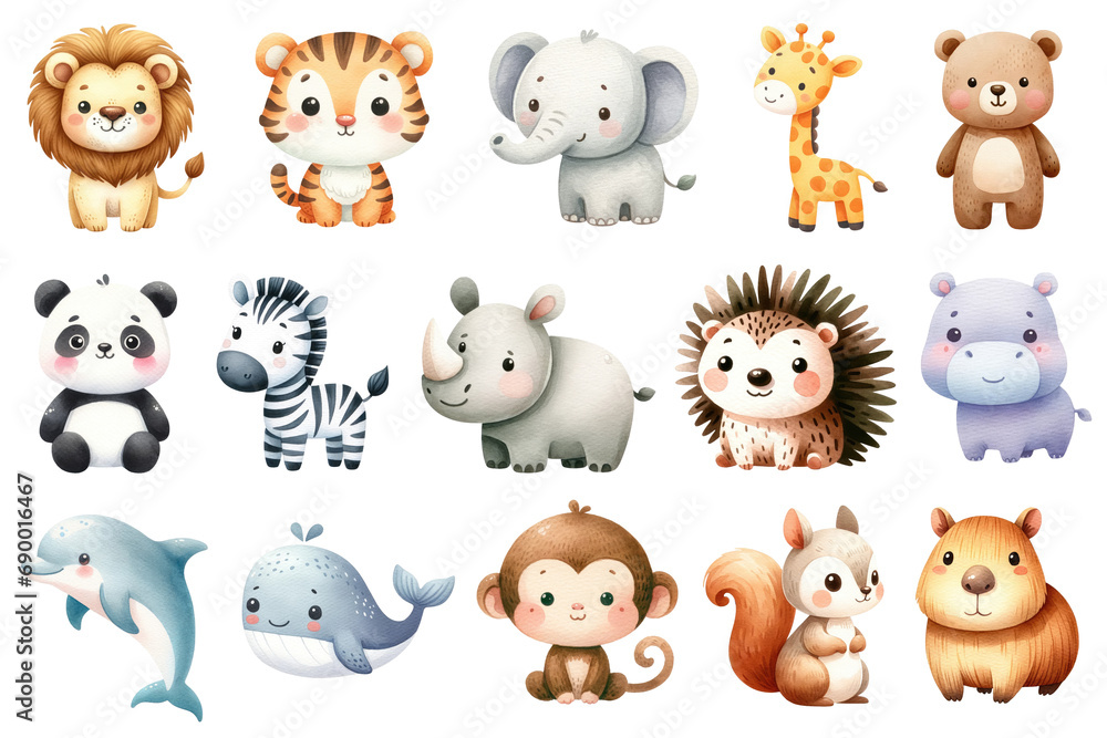 Watercolor Cute Zoo Animals Set. Set of Adorable Wild Animals Clipart ...