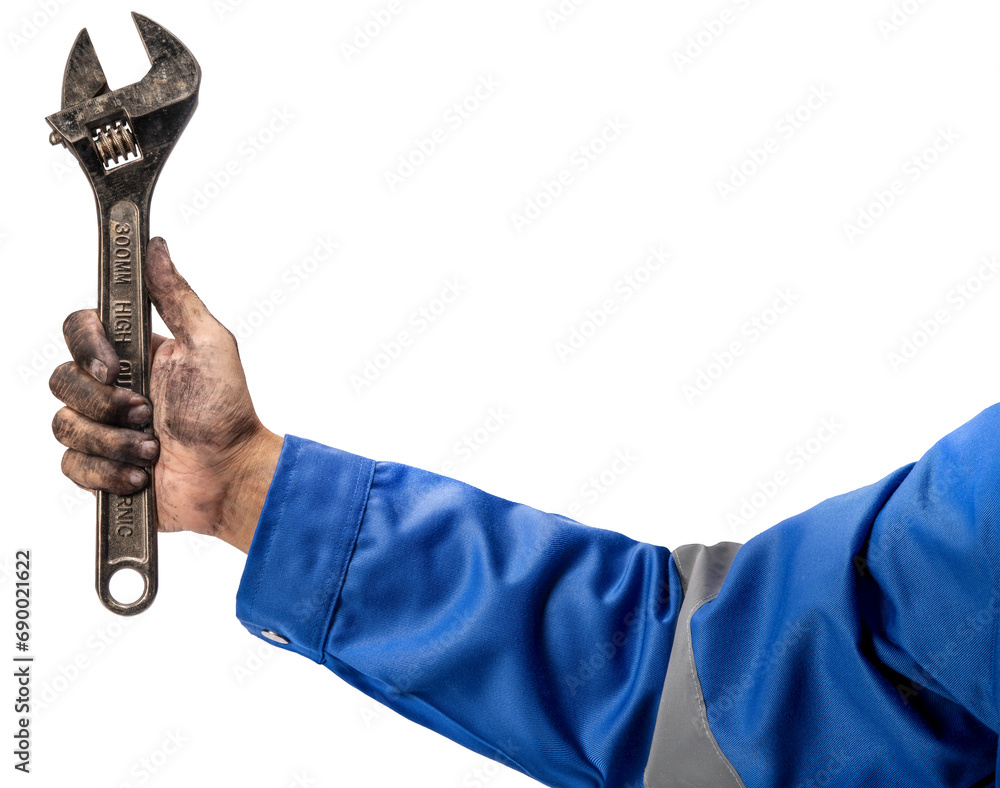 Mechanics hand holding adjustable wrench isolated on white background ...