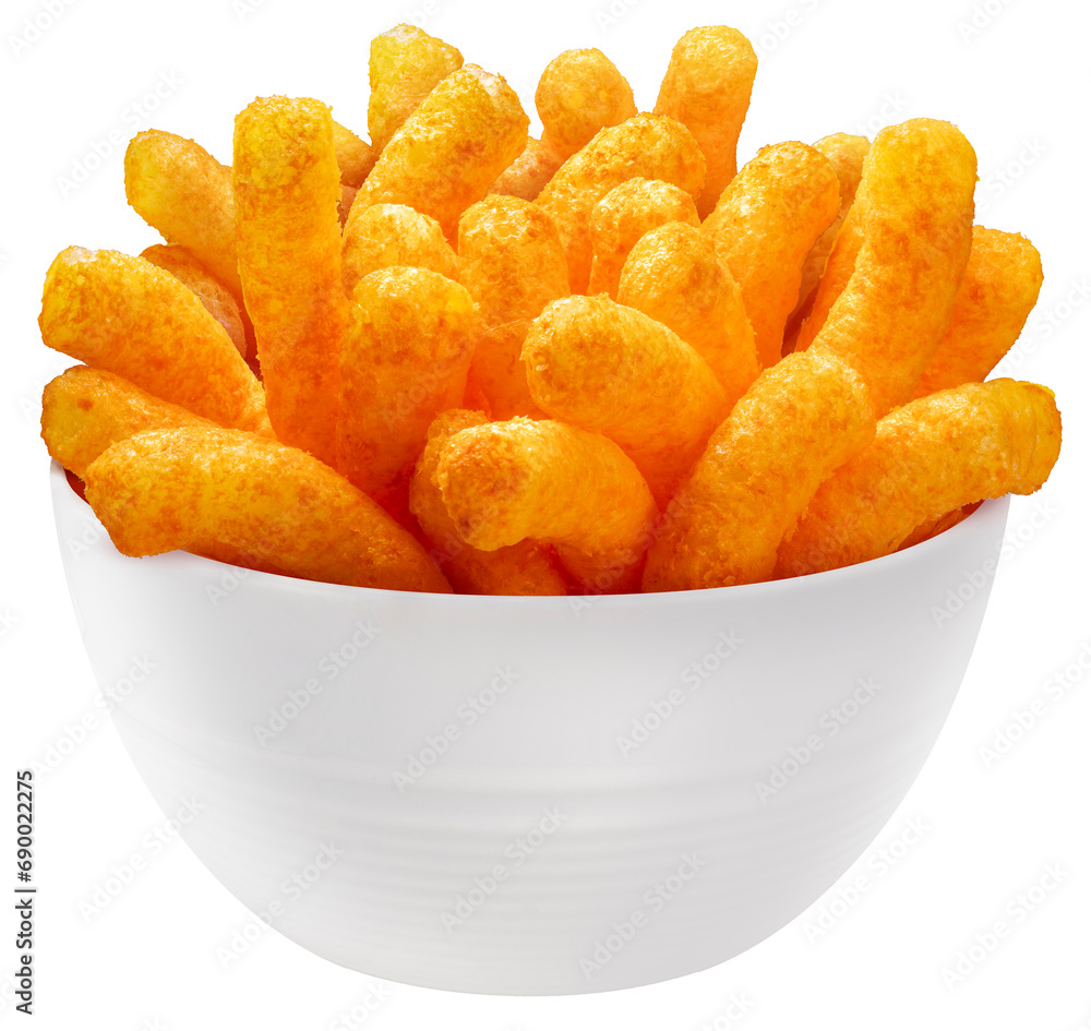 Puffed corn snacks cheesy in white bowl isolated on white background ...