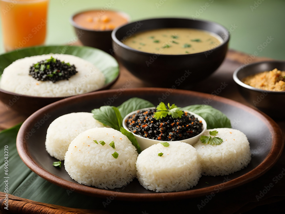 Vegetarian South Indian breakfast thali - Idli vada sambar chutney upma ...