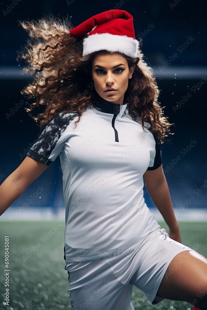 Santa's beautiful sports woman playing soccer. A model wears a sports ...
