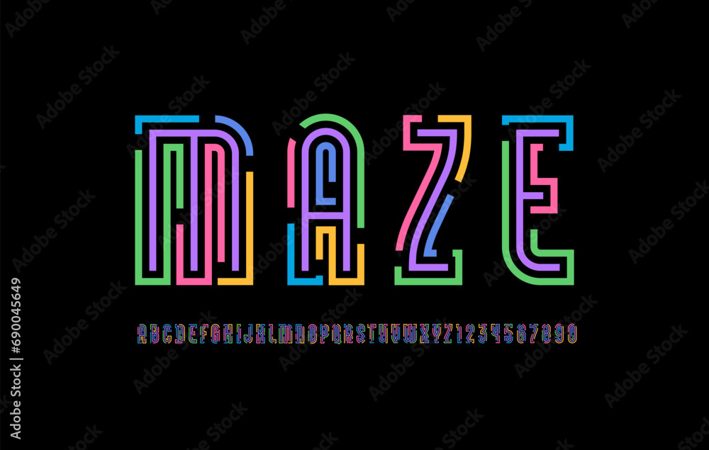 Maze font from gap line, alphabet with bright labyrinth, multi-colored ...