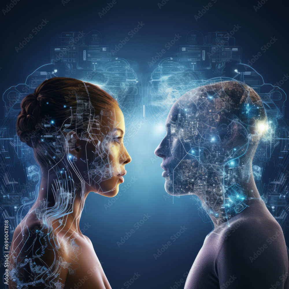 Artificial intelligence cyborg face and human face look at each other ...