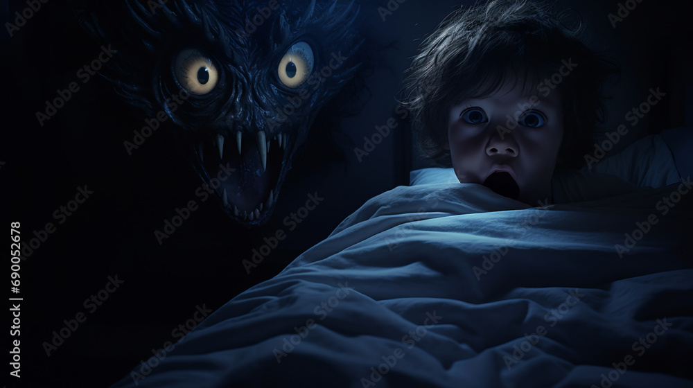 Frightened little boy lies awake in bed due nightmarish dream ...