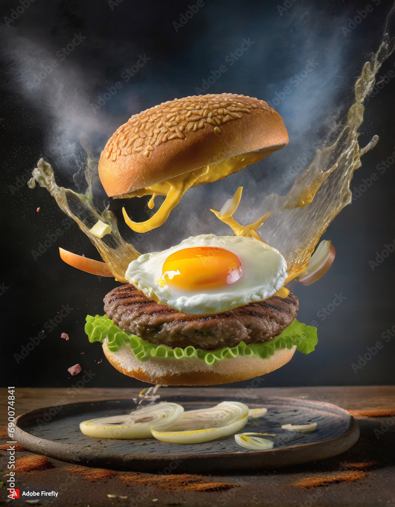 real hamburger exploded falling form the sky, fried patty with boiling ...