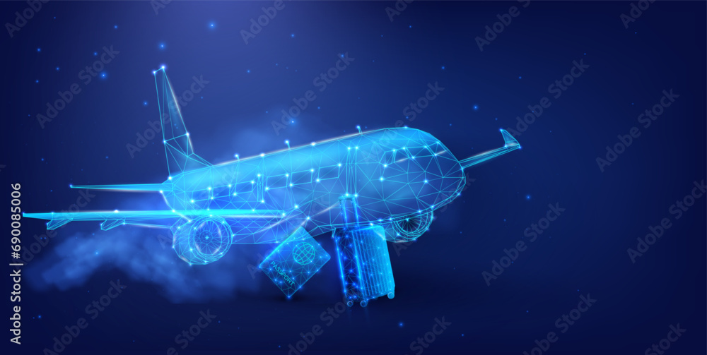 Futuristic Digital Airplane Concept with Luggage and Passport in a ...
