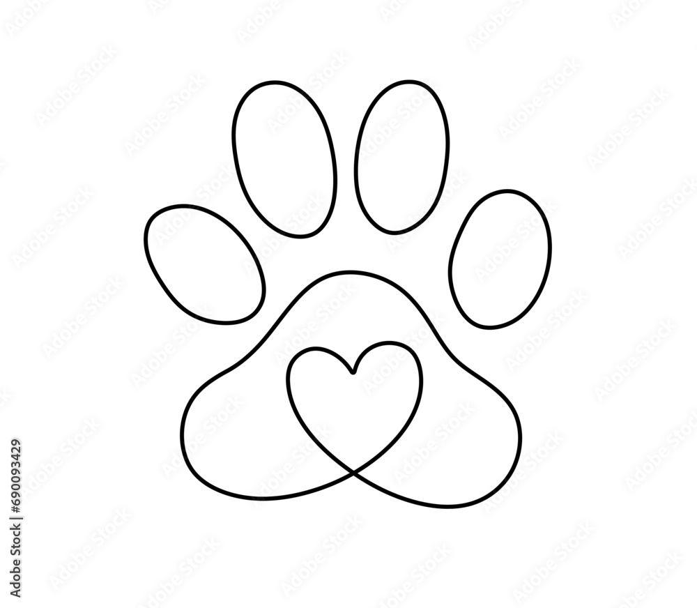 Vector isolated one single dog cat bear paw print with heart colorless ...