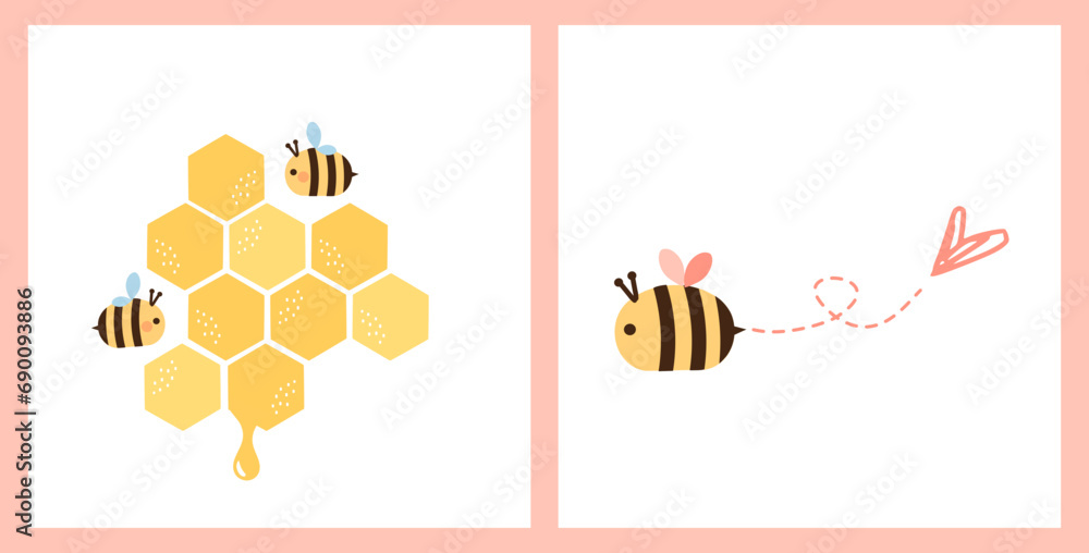 Beehive honey sign logo with bee cartoon isolated on white backgrounds ...
