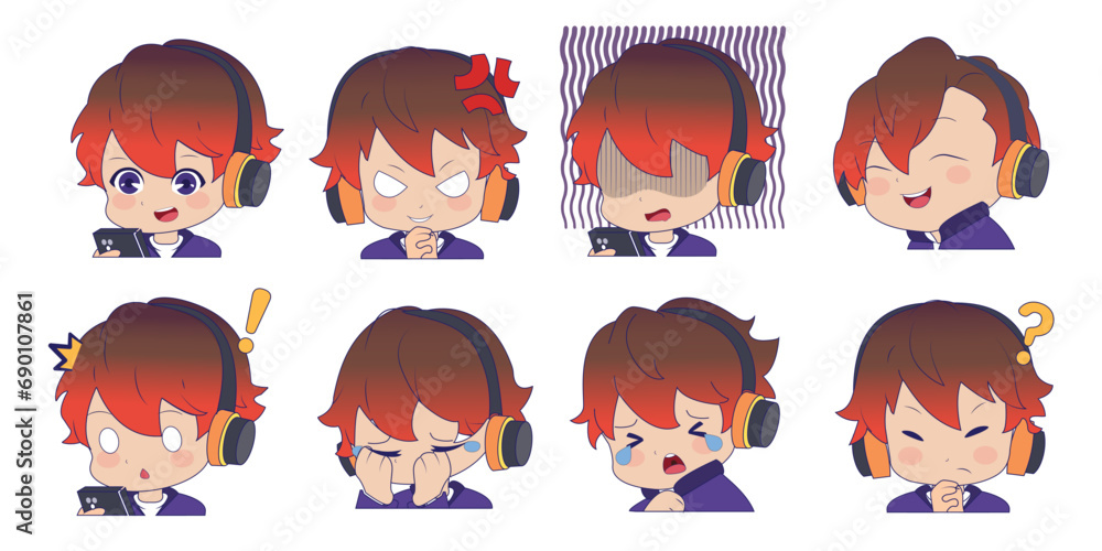 Cut Chubby Gamer Boy character Emotes Set Reactions vector illustration ...