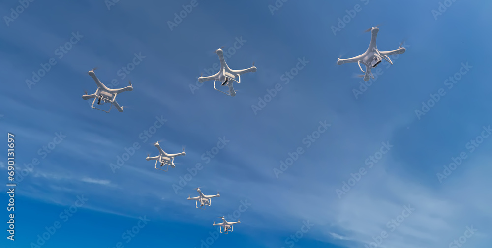 A group of drones forms a flock similar to a flock of migratory birds ...