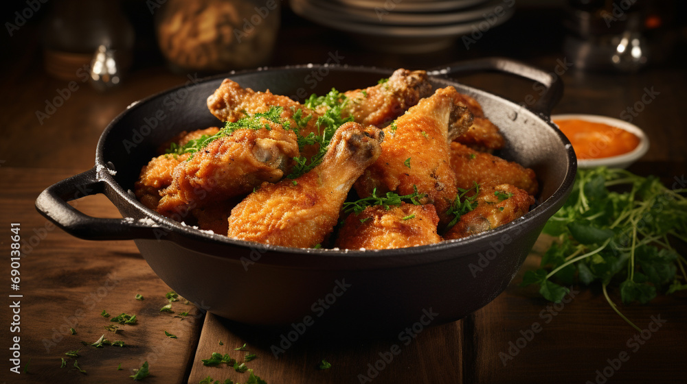 Bucket full of crispy Kentucky fried chicken wings and legs emphasizing ...