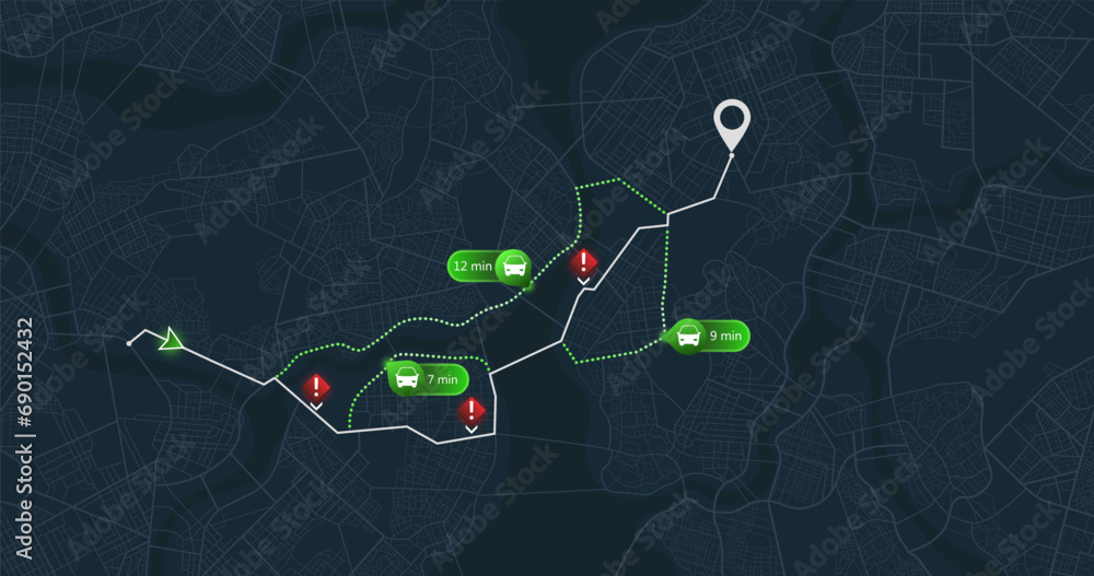 Map of the route with data on the distance, turns of the route. Blocked ...