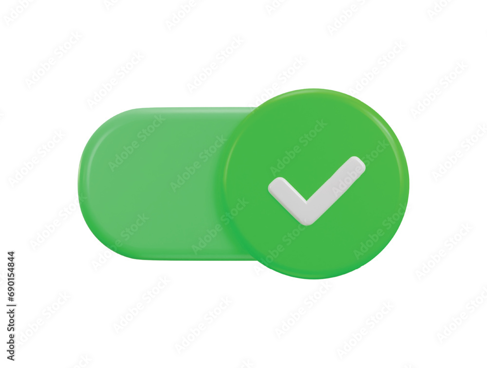 3d toggle switch on button icon in green color with check mark icon ...