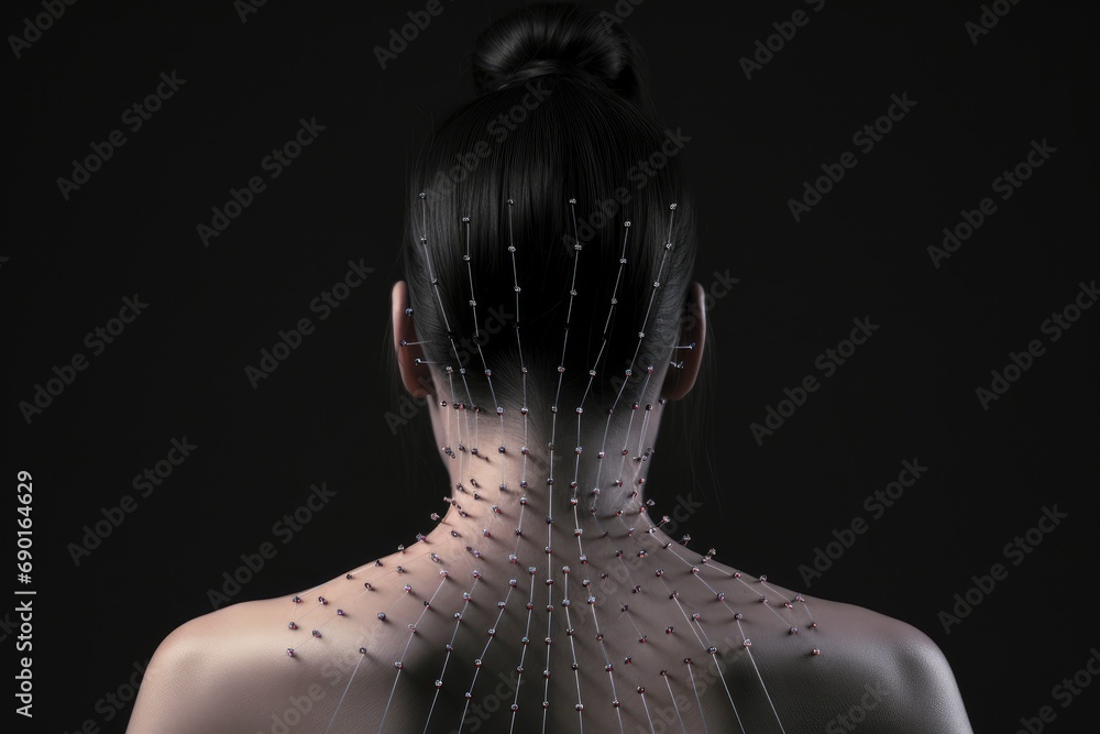 Female body with black lines on dark background, closeup. Plastic ...