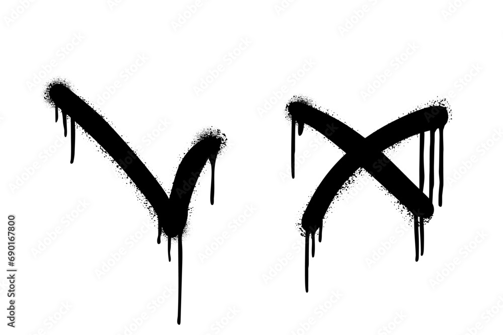 Spray painted cross and tick marks graffiti set. Signs yes and no brush ...