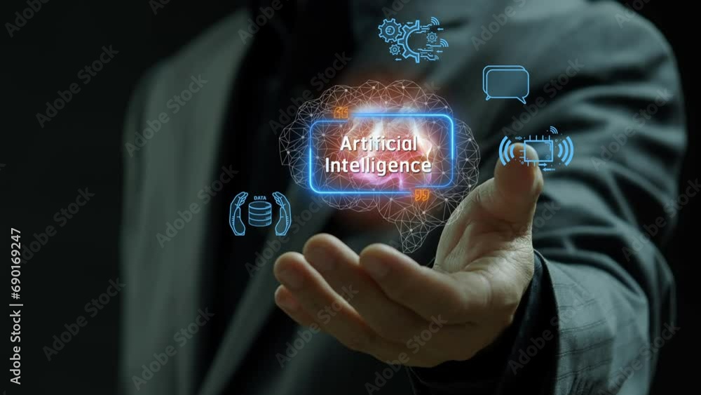 Businessman shows AI icon provide access information, digital chat bot concept. Artificial ...