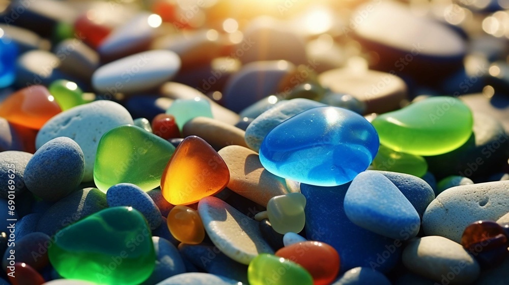 Colorful gemstones on a beach. Polish textured sea glass and stones on ...