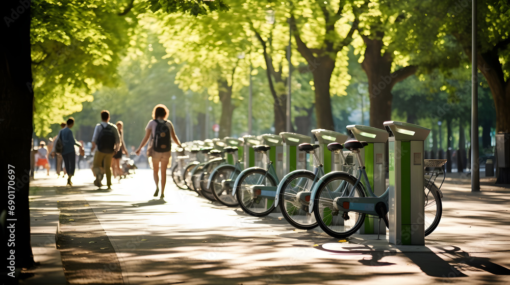 Bicycle sharing station in a bustling urban park with people choosing ...