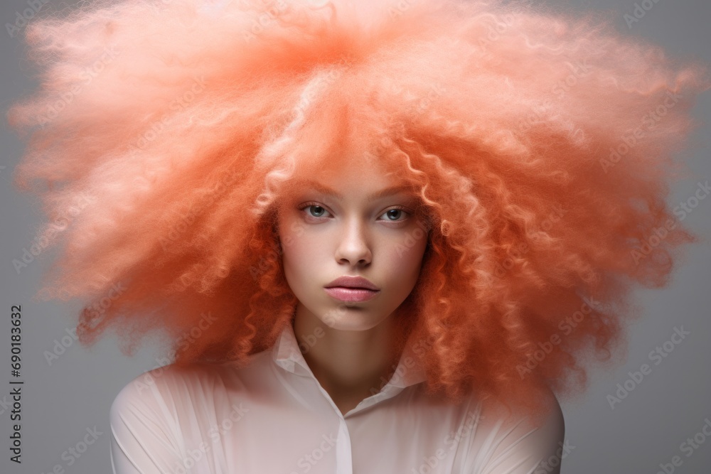 Woman in peach fuzz afro hair in the style of rococo pastel colors ...