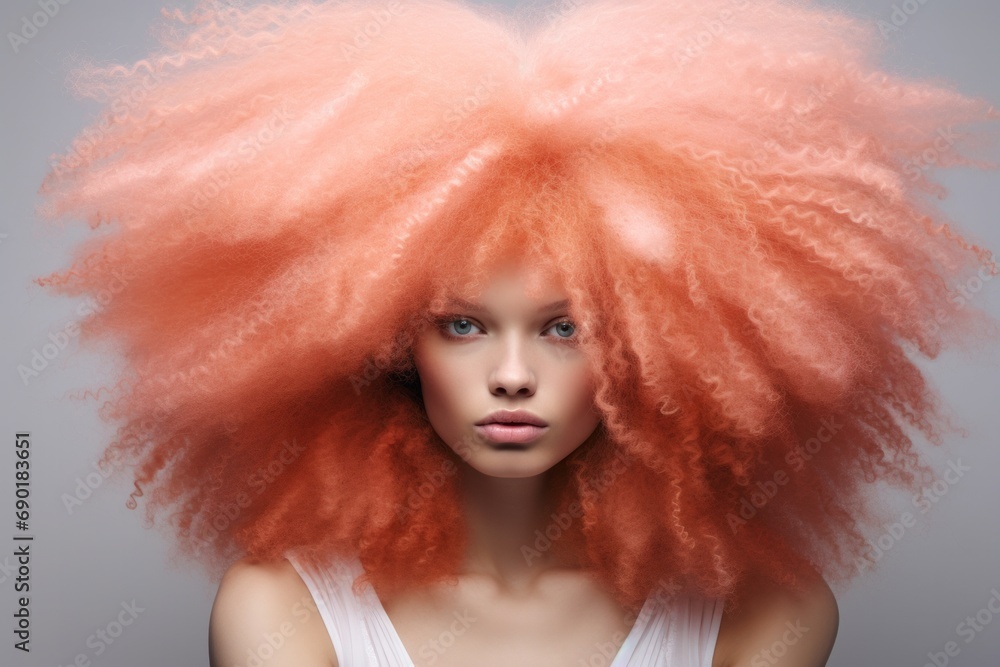 Woman in peach fuzz afro hair in the style of rococo pastel colors ...